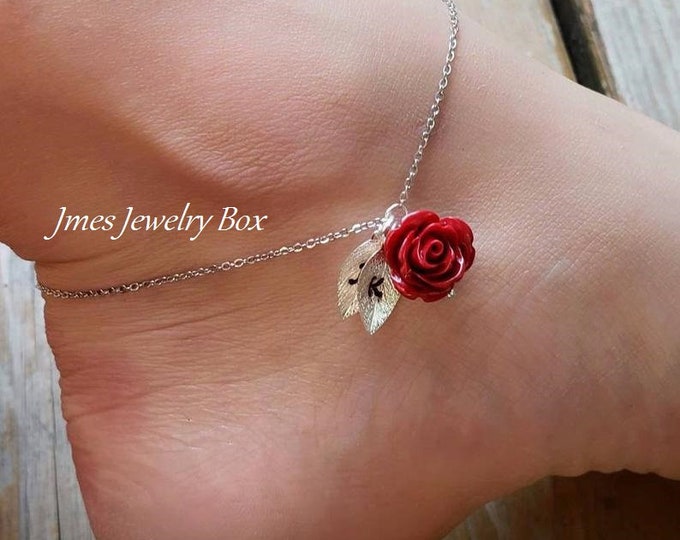 Rose Gold Delicate Rose Anklet,beauty and the Beast Anklets,initial Leaf Anklet,flower Anklet ...