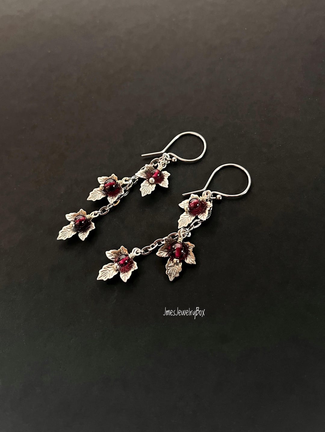 Silver Berry Branch Dangle Earrings, Garnet Earrings, Silver Leaf ...