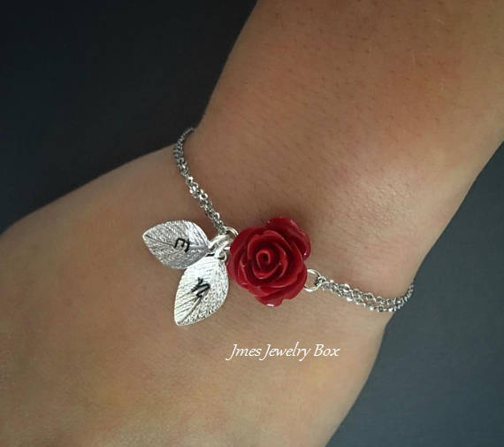 Silver double chain red rose bracelet with initials Red rose | Etsy