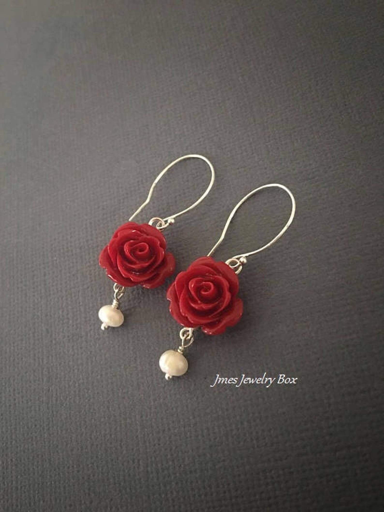 Red Rose Earrings With Cream Freshwater Pearls, Rose Earrings, Red ...