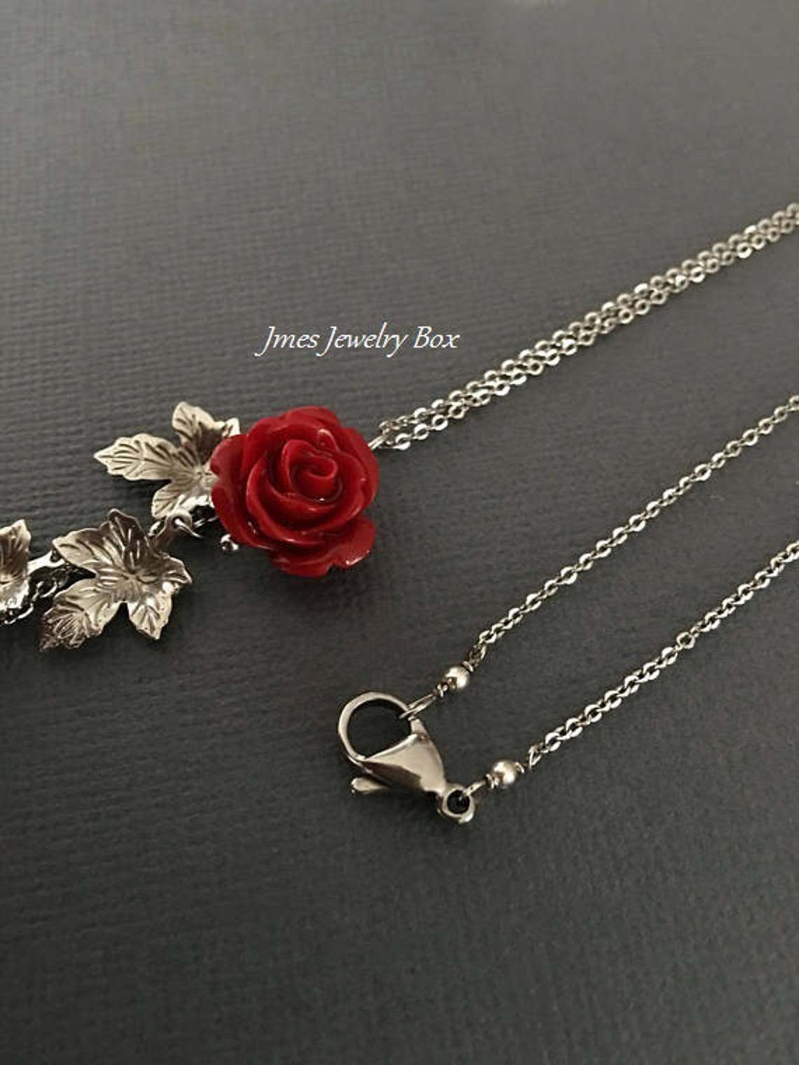 Red Rose Necklace With Cascading Silver Leaves Rose Branch - Etsy