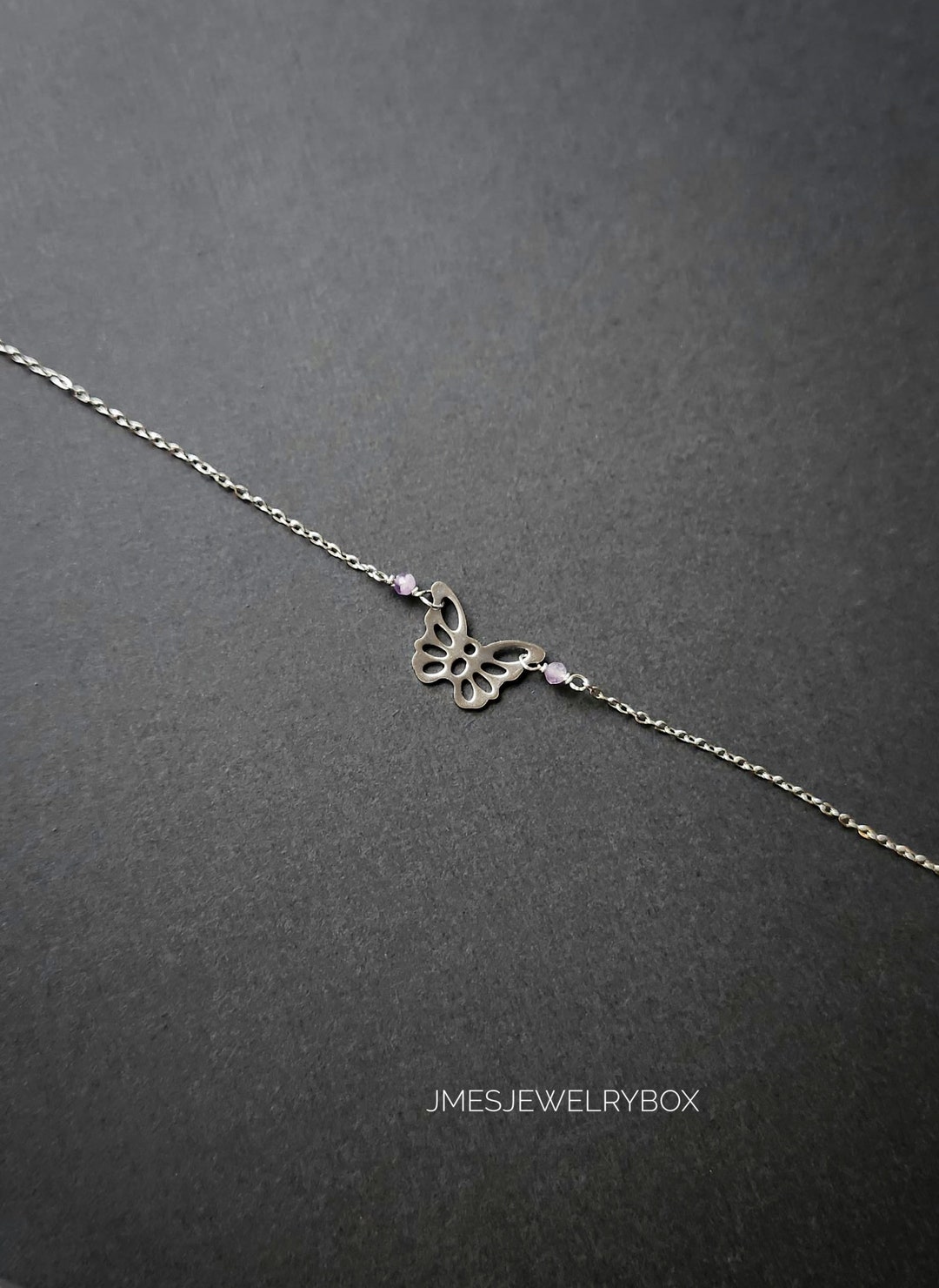 Tiny Silver Butterfly Anklet With Amethyst, Stainless Steel Anklet ...