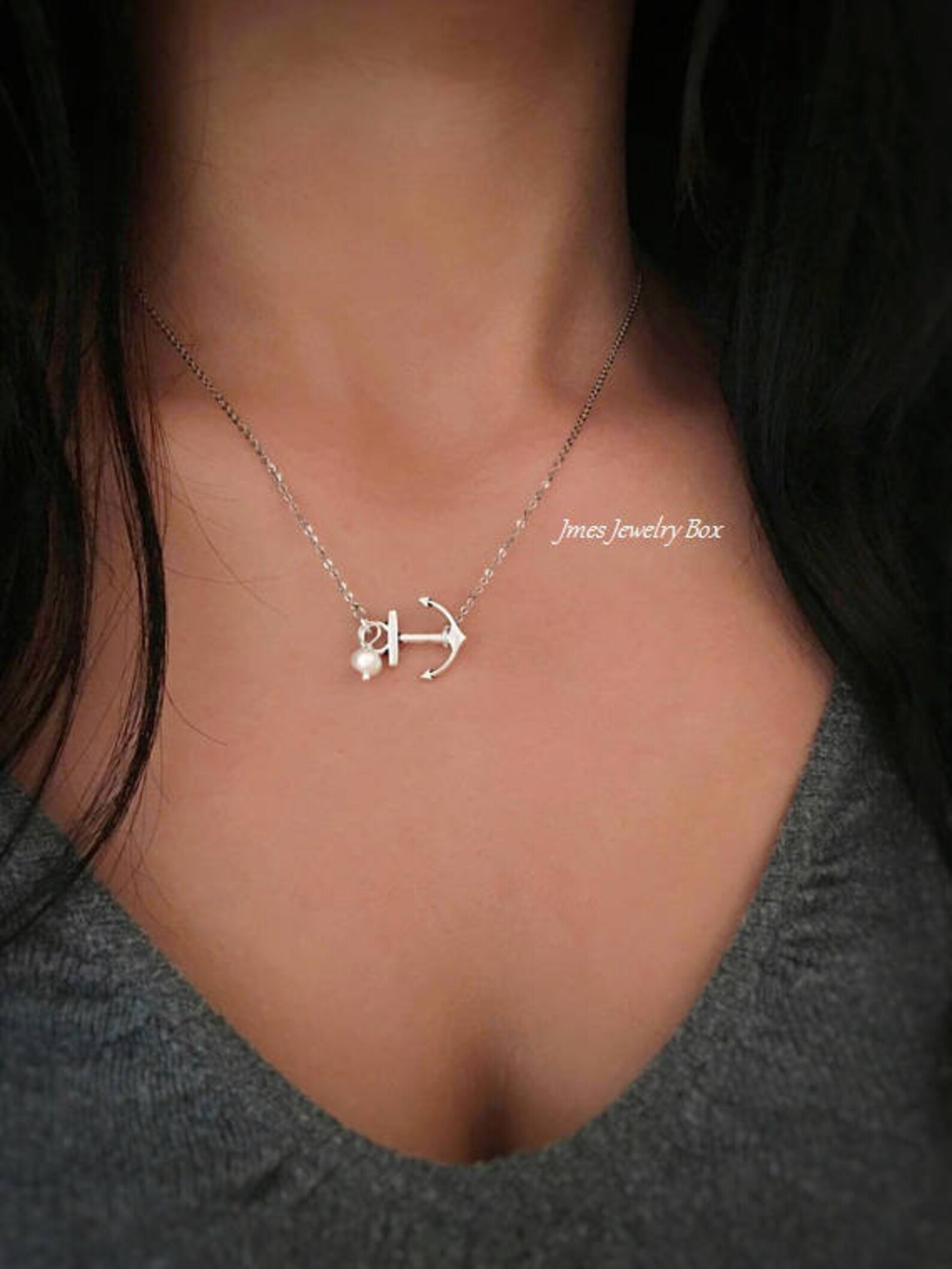 Silver Anchor Necklace With Freshwater Pearl, Sideways Anchor Necklace ...
