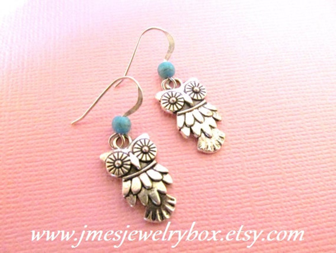 Silver Owl Earrings With Turquoise, Little Owl Earrings, Silver Bird ...