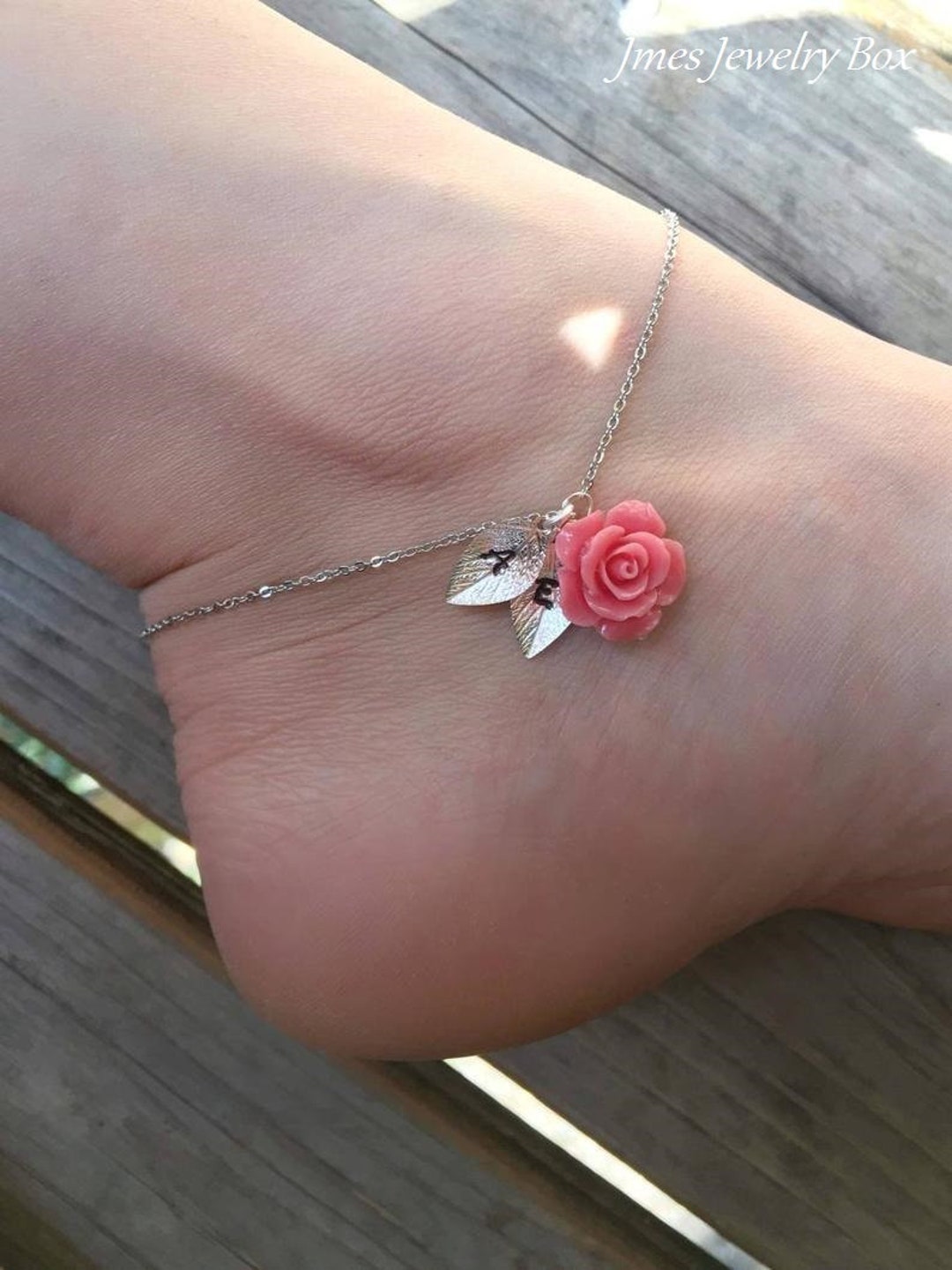 Pink Rose Anklet With Initials, Personalized Flower Anklet, Salmon Pink ...