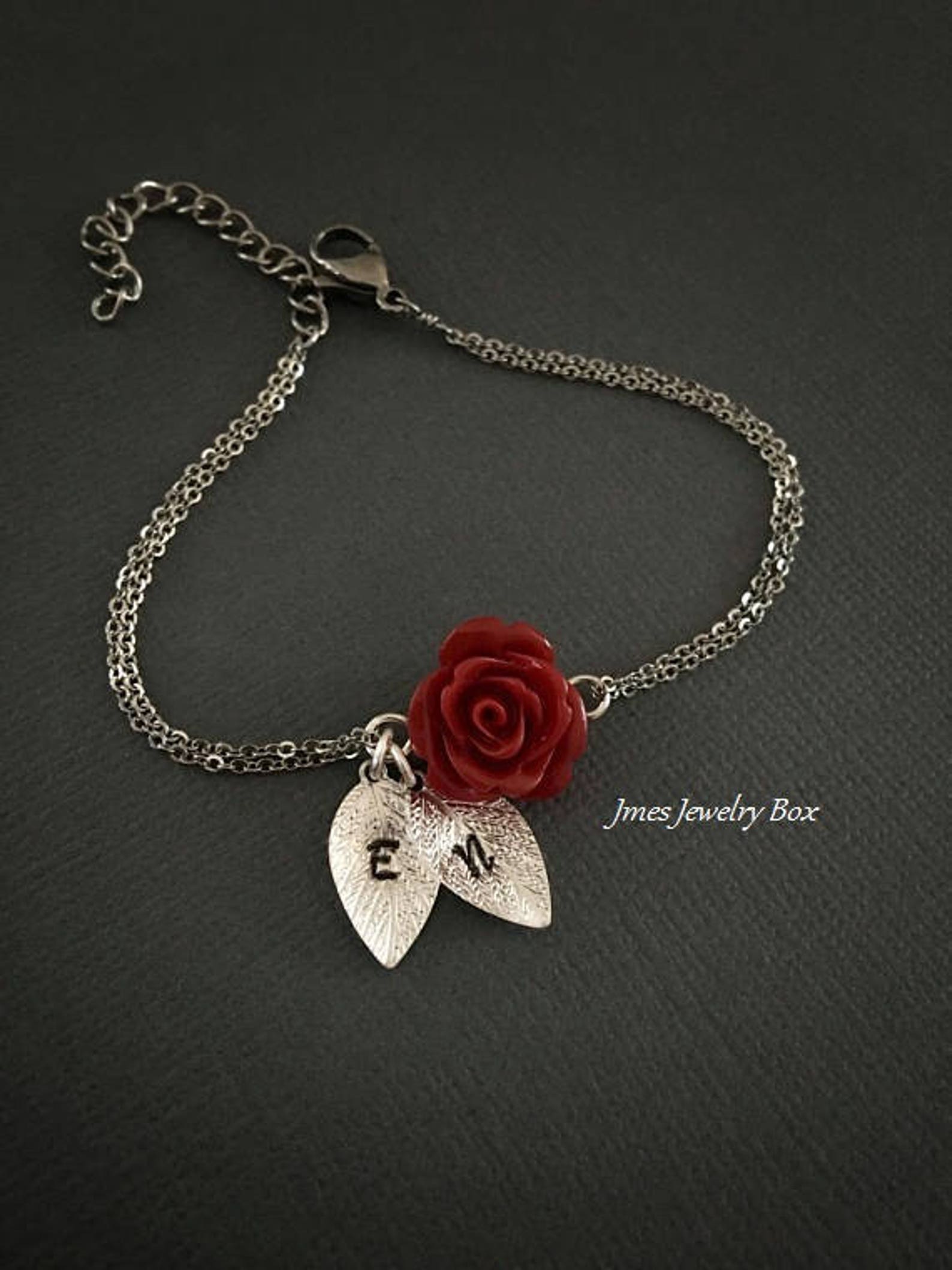 Silver Double Chain Red Rose Bracelet With Initials, Red Rose Bracelet ...