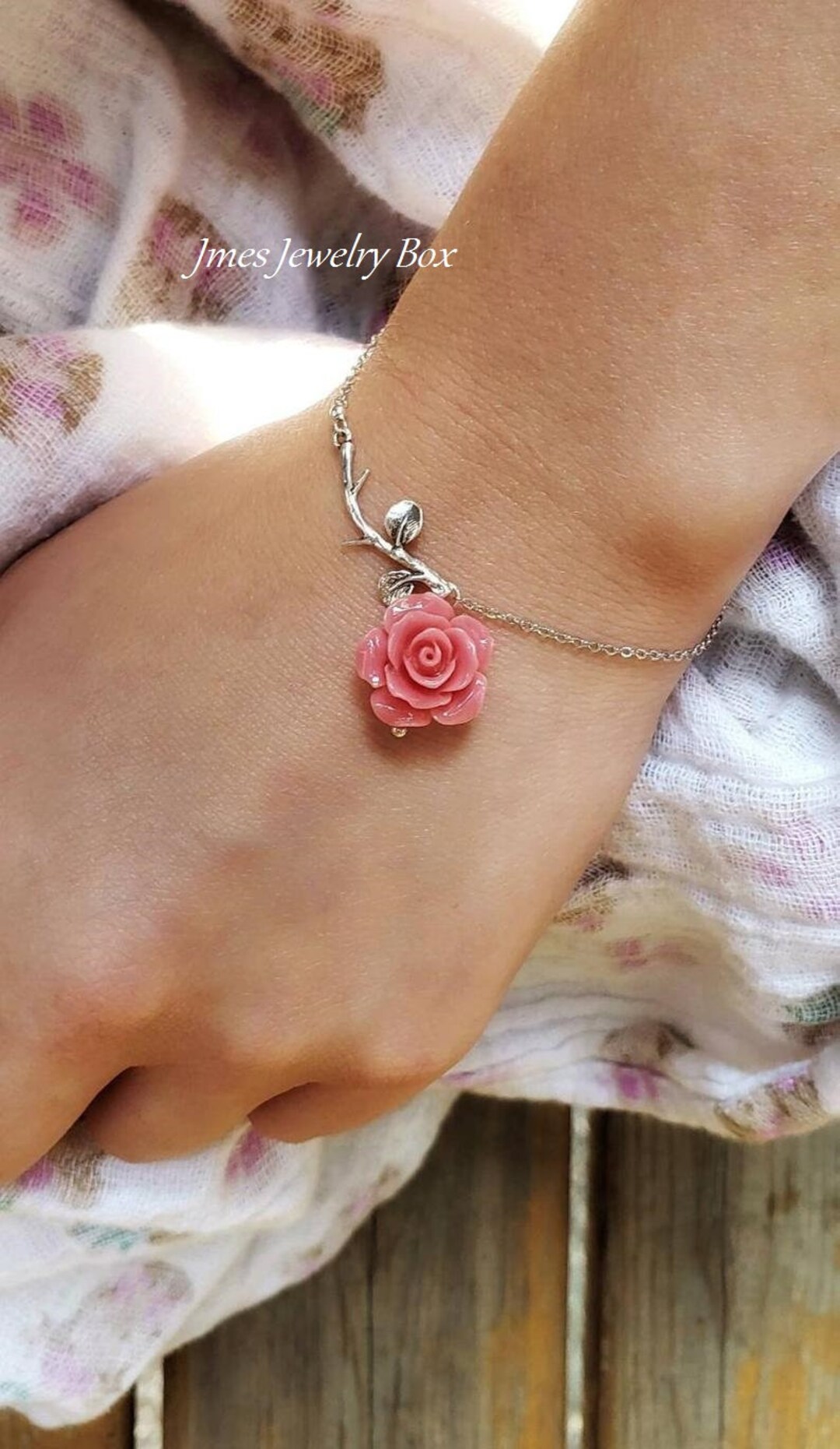 Silver Branch and Pink Rose Bracelet, Rose Branch Bracelet, Pink Rose ...