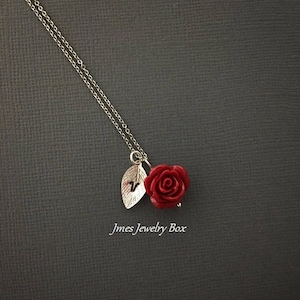 Dark Red Rose Necklace, Red Rose Pendant, Red Rose Jewelry, Red Rose ...