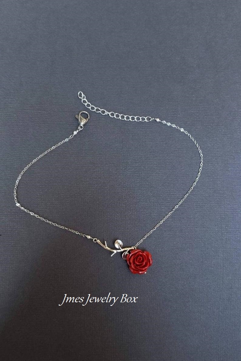 Silver Branch and Red Rose Anklet Rose Branch Anklet Red - Etsy