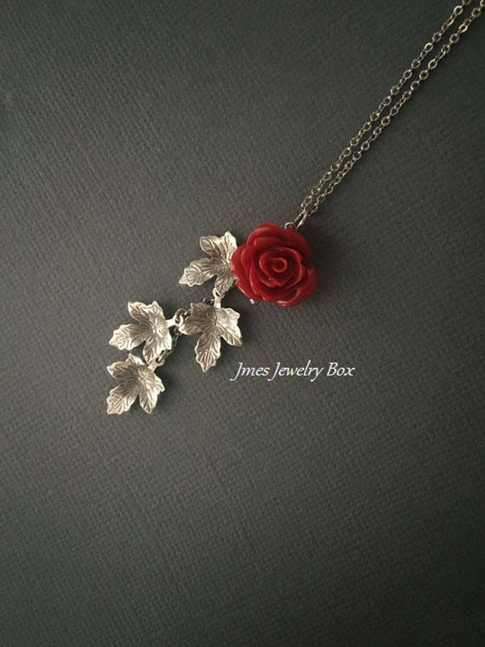 Red Rose Necklace With Cascading Silver Leaves Rose Branch - Etsy