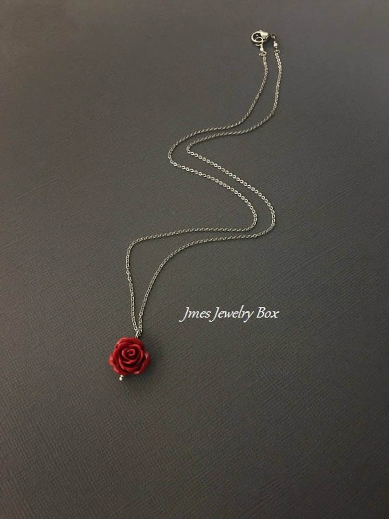 Dark Red Rose Necklace, Red Rose Pendant, Red Rose Jewelry, Red Rose ...