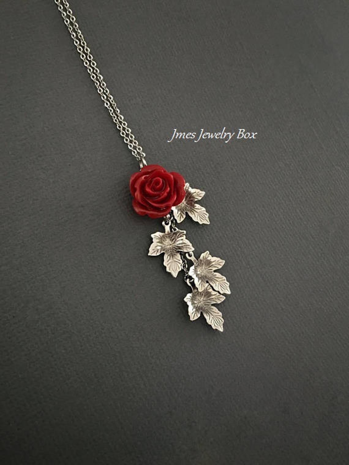 Red Rose Necklace With Cascading Silver Leaves Rose Branch - Etsy