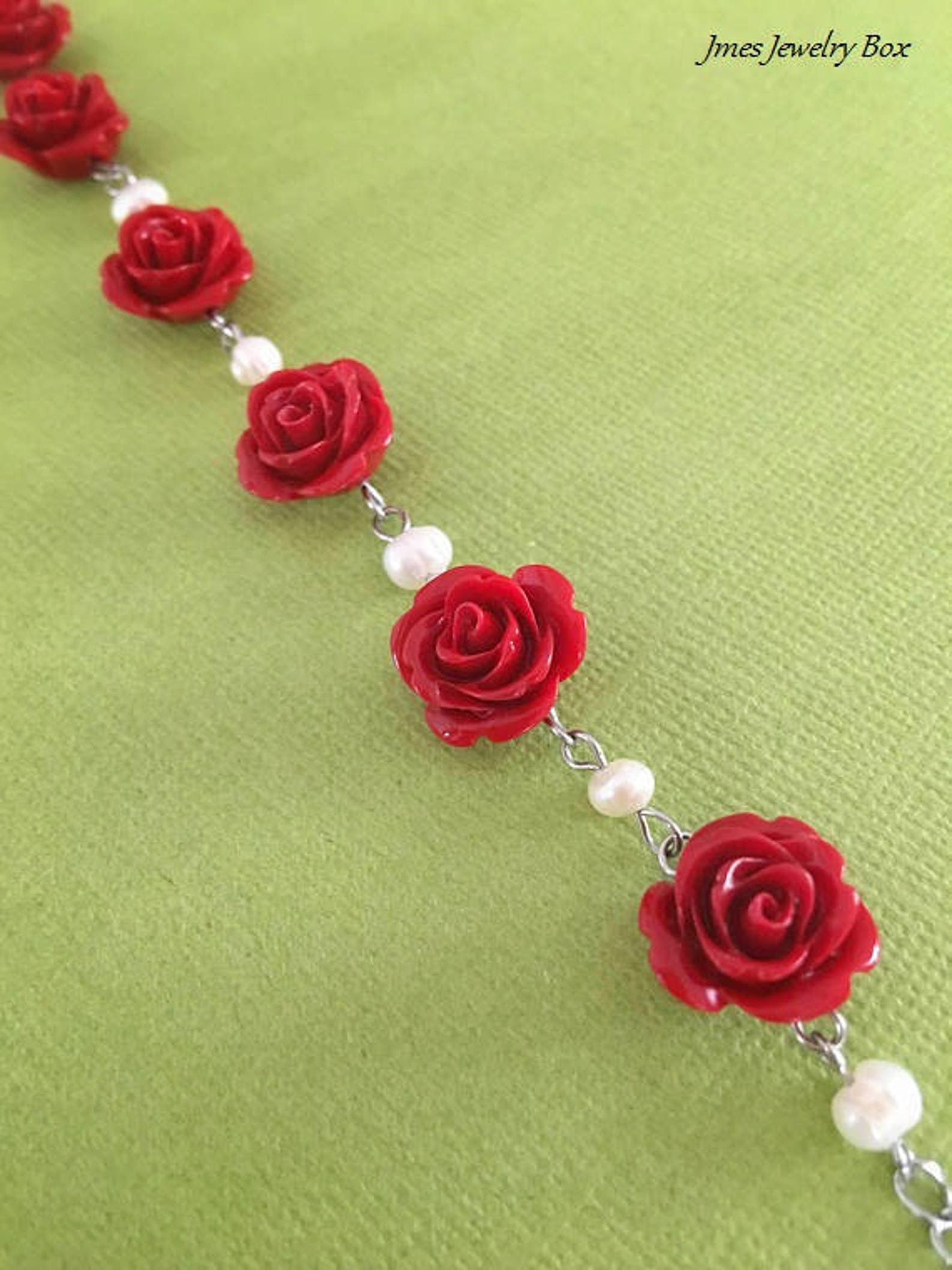 Red Rose Bracelet With Freshwater Pearls Rose Linked - Etsy