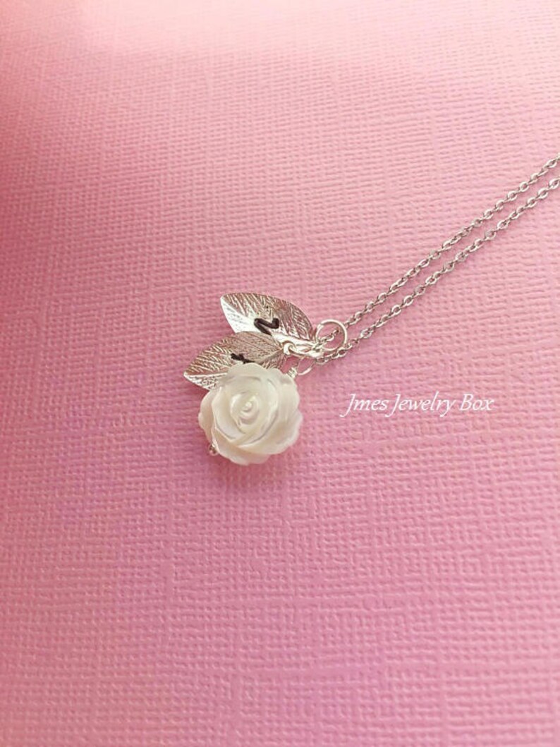 White Shell Rose Necklace With Initial Leaves White Rose - Etsy