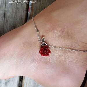 Silver Branch and Red Rose Anklet, Rose Branch Anklet, Red Rose Ankle Bracelet, Tiny Silver ...