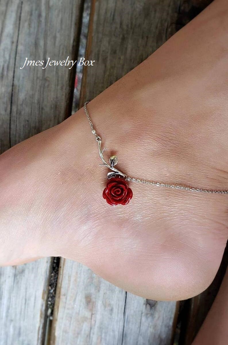 Silver Branch and Red Rose Anklet Rose Branch Anklet Red - Etsy