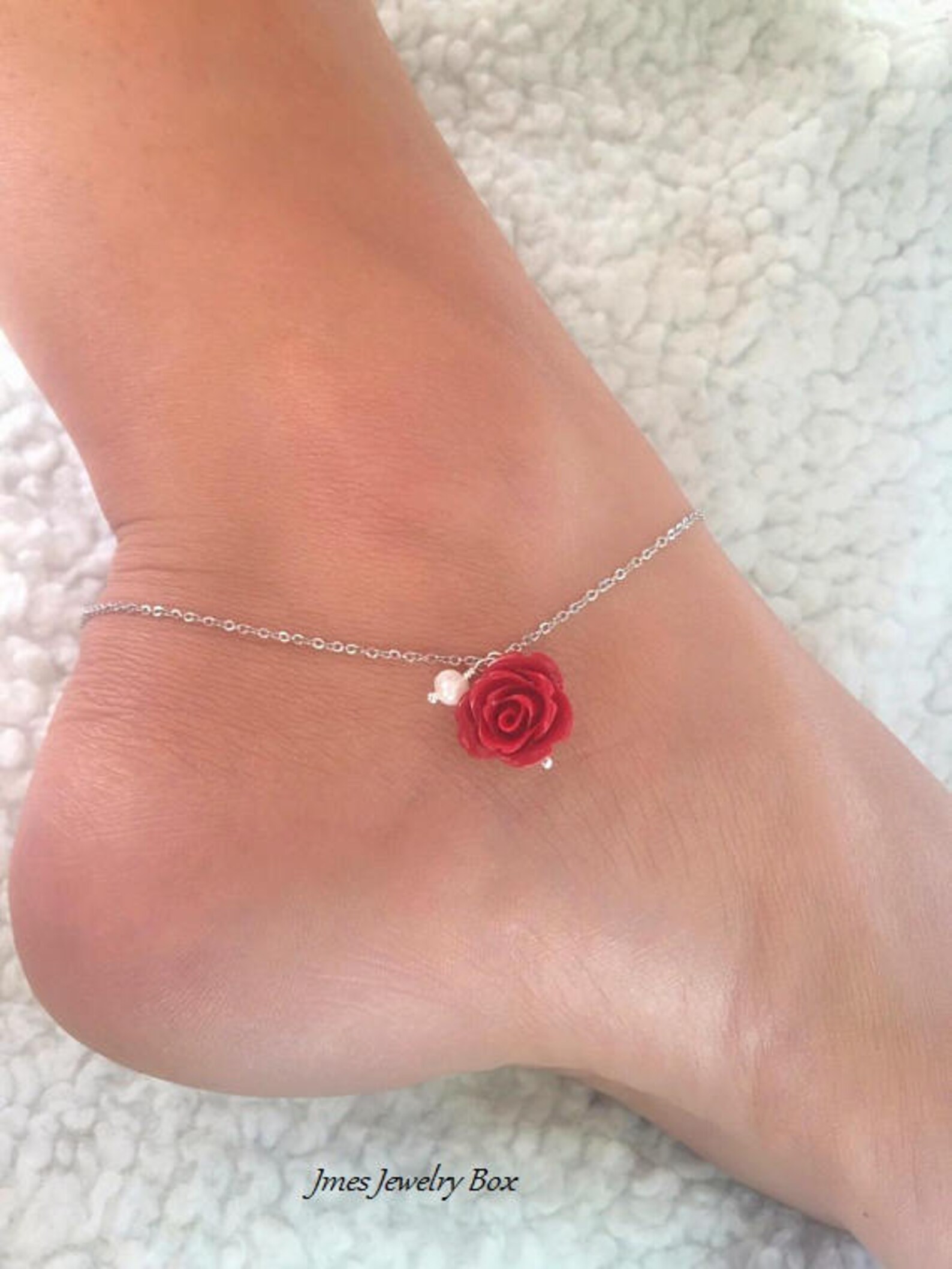 Red Rose Anklet With Little Cream Freshwater Pearl Dainty Red - Etsy