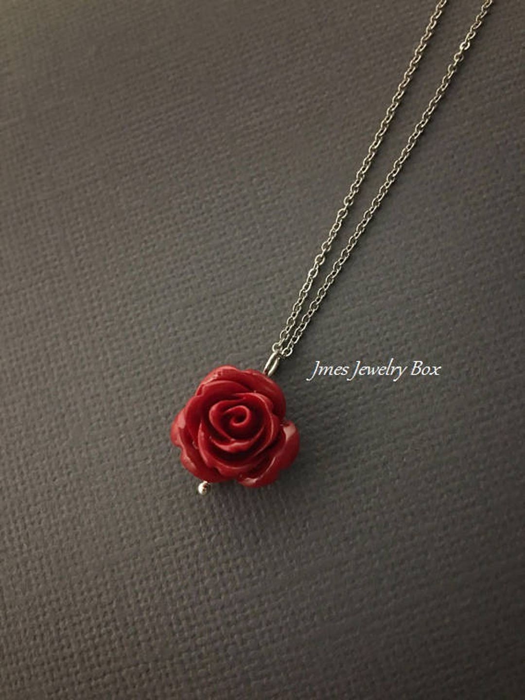 Dark Red Rose Necklace, Red Rose Pendant, Red Rose Jewelry, Red Rose ...