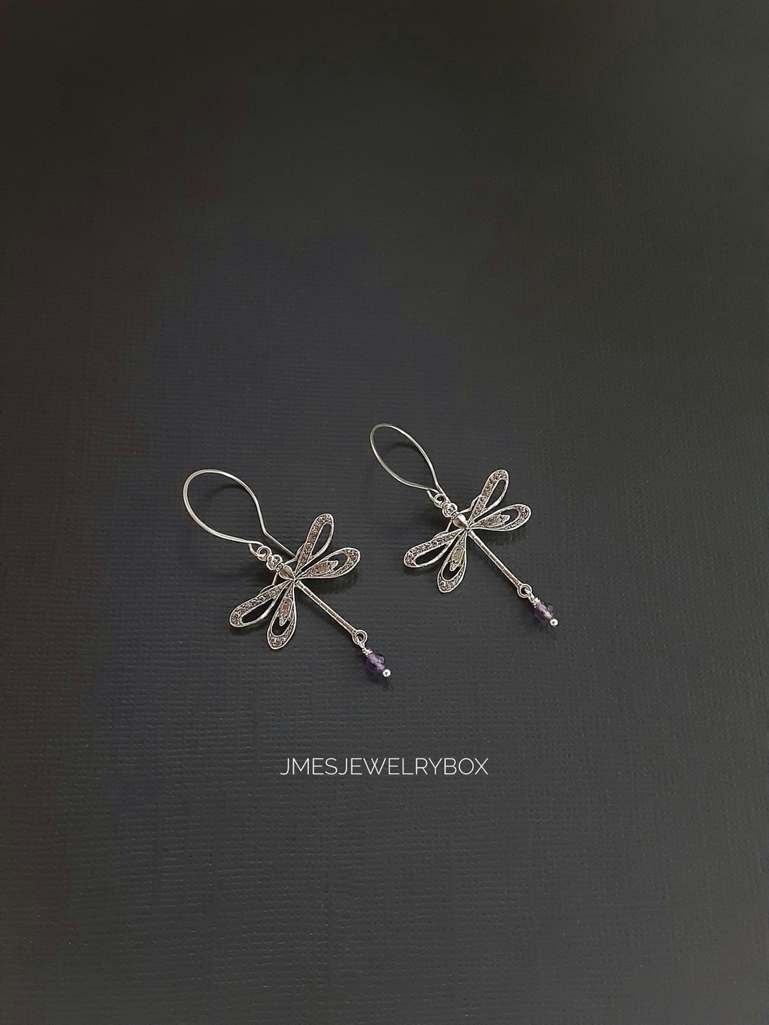 Silver Dragonfly Earrings With Amethyst, Big Dragonfly Earrings, Insect ...