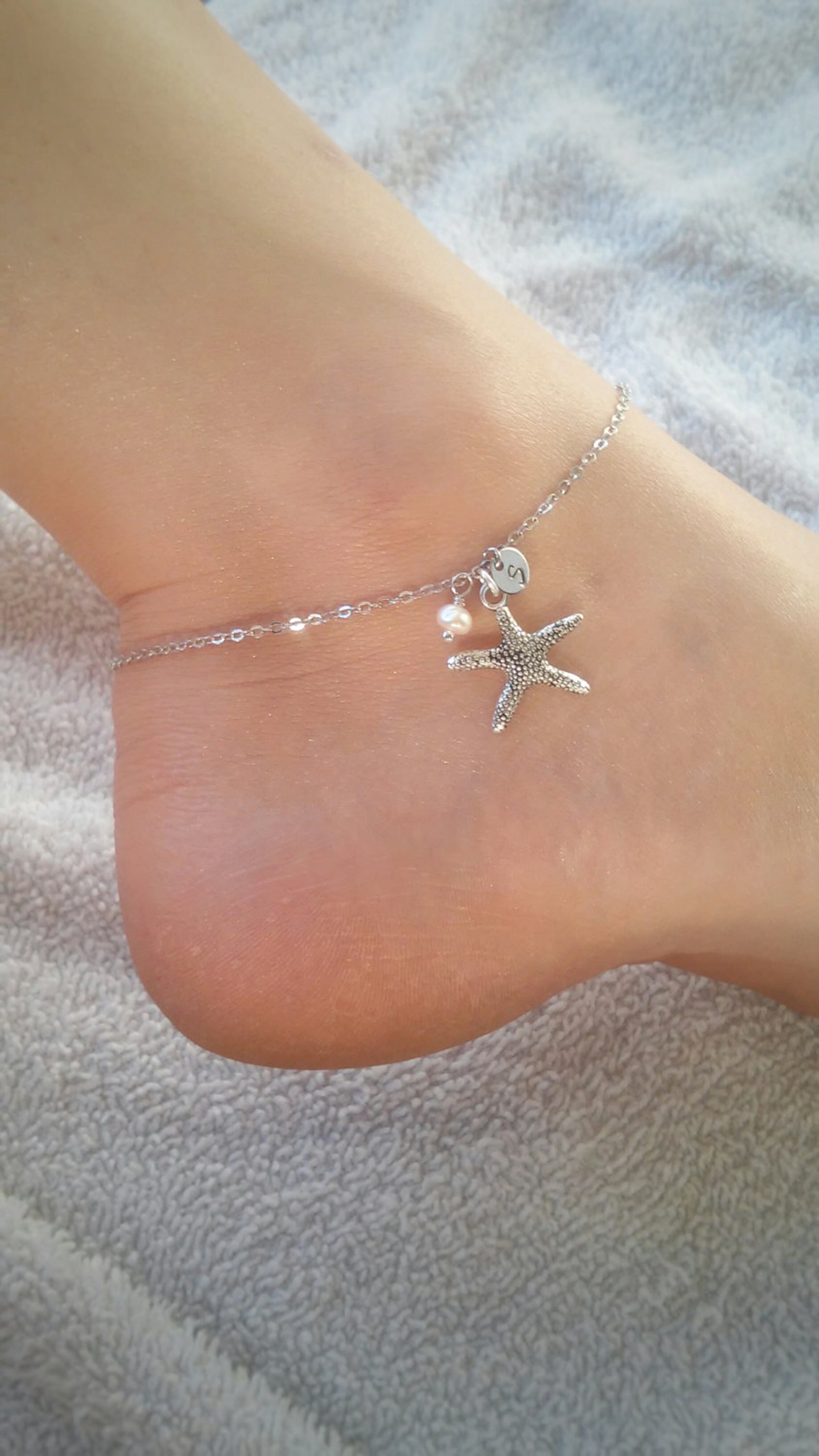 Silver Starfish Anklet With Freshwater Pearl and Initial, Silver ...