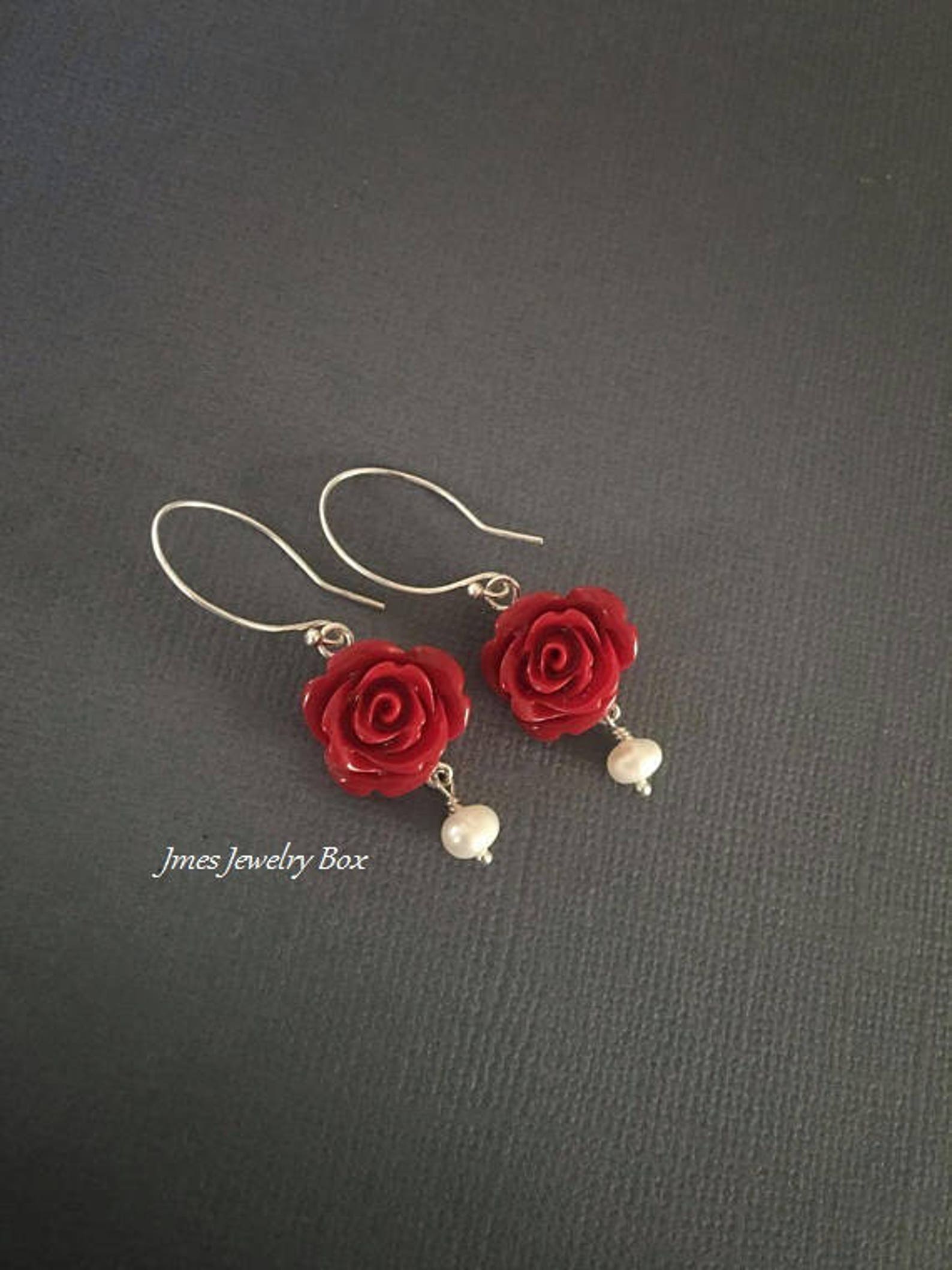 Red Rose Earrings With Cream Freshwater Pearls, Rose Earrings, Red ...
