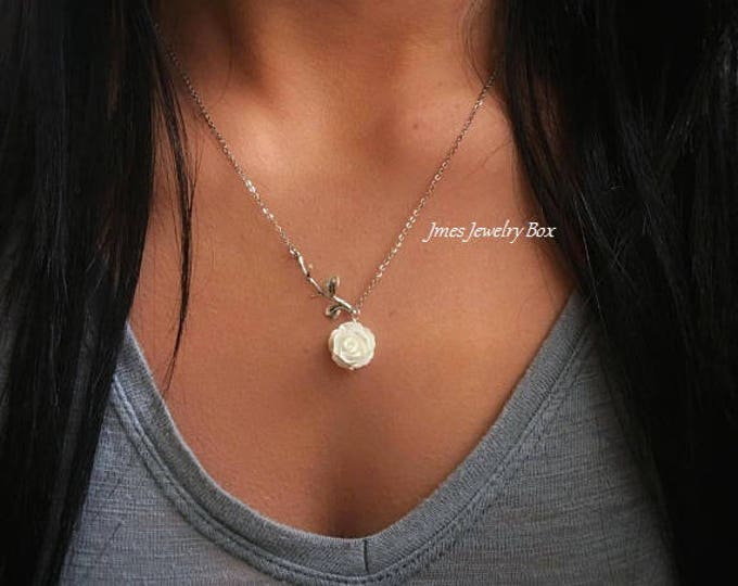 White Shell Rose Necklace With Silver Branch, White Rose Branch ...