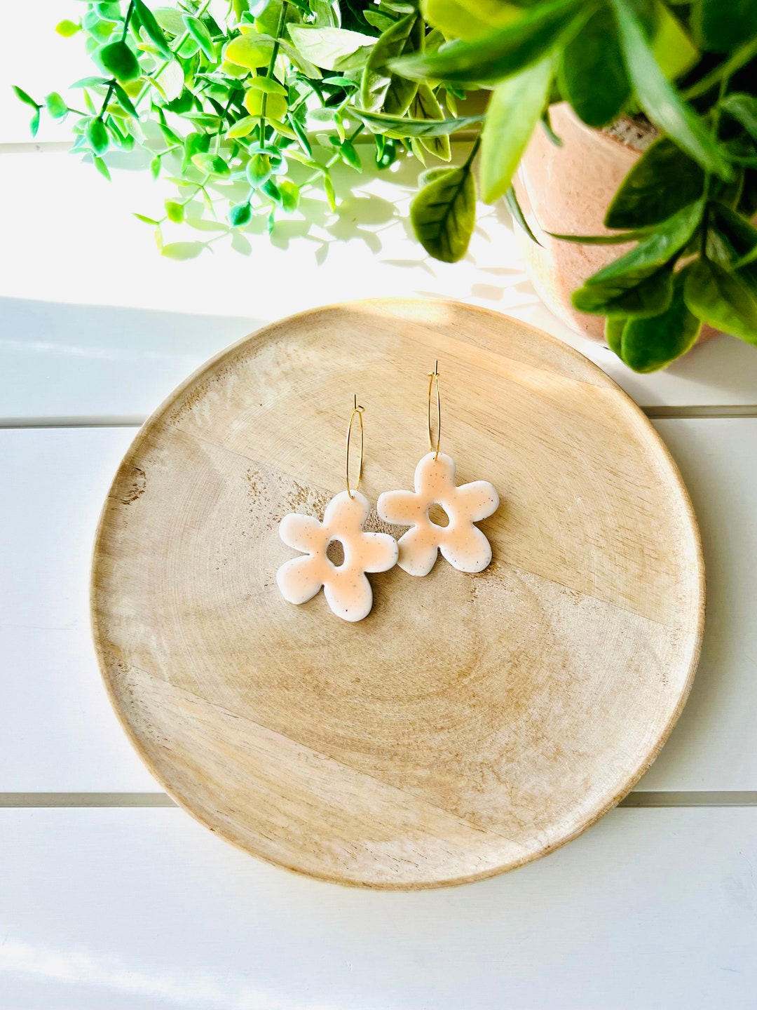Speckled Peach Flower Polymer Clay Hoop Earrings - Etsy