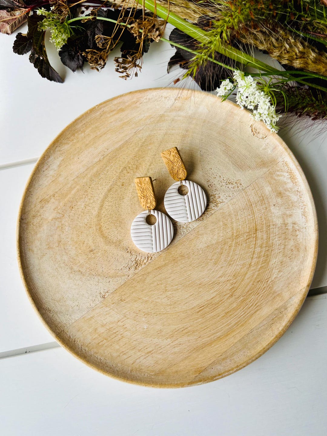 Muted Mustard and Cream Polymer Clay Earrings - Etsy