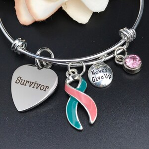 Previvor Survivor Charm Bracelet Pink and Teal Ribbon - Etsy