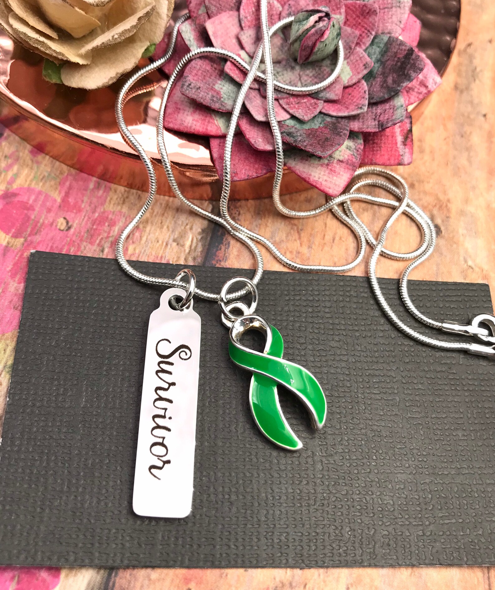 Green Ribbon Survivor Necklace Liver / Adrenal Cancer | Etsy