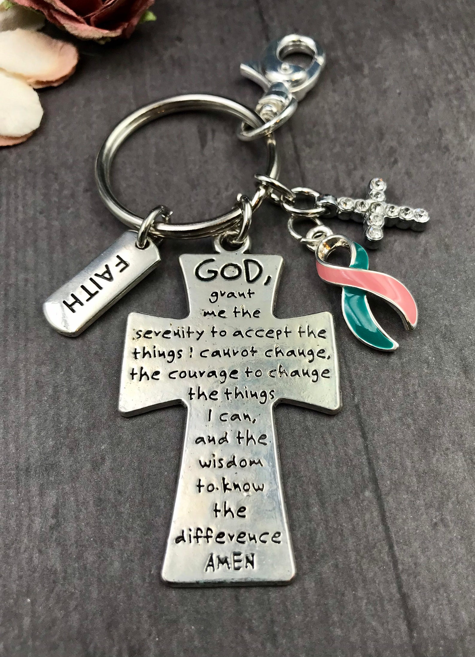 Previvor Serenity Prayer Keychain Pink and Teal Ribbon Charm | Etsy
