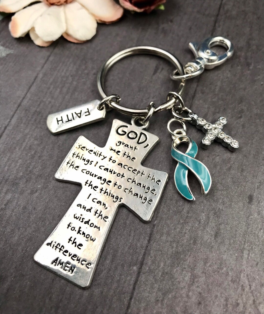 Serenity Prayer Cross Keychain / Light Blue Ribbon / Addisons Disease ...