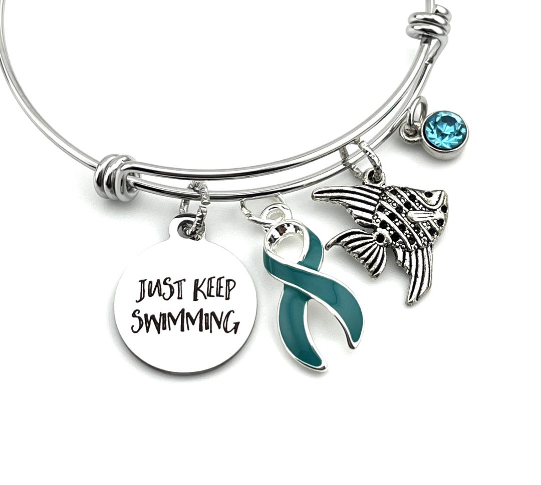 Teal Ribbon Just Keep Swimming Charm Bracelet - Etsy UK