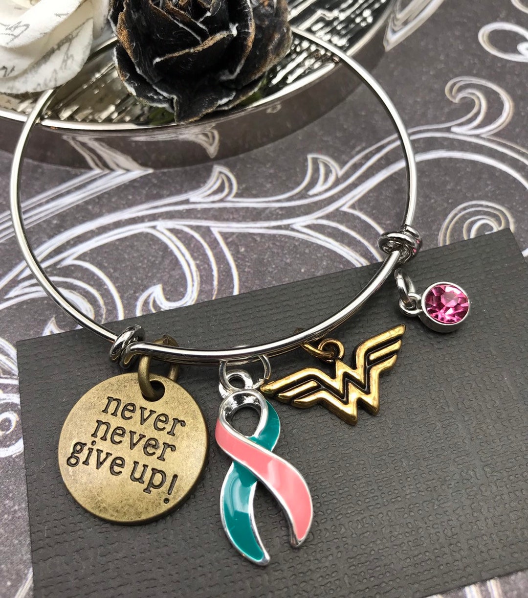 Previvor Hero Charm Bracelet - Pink and Teal Ribbon - BRCA, BRCA1 ...