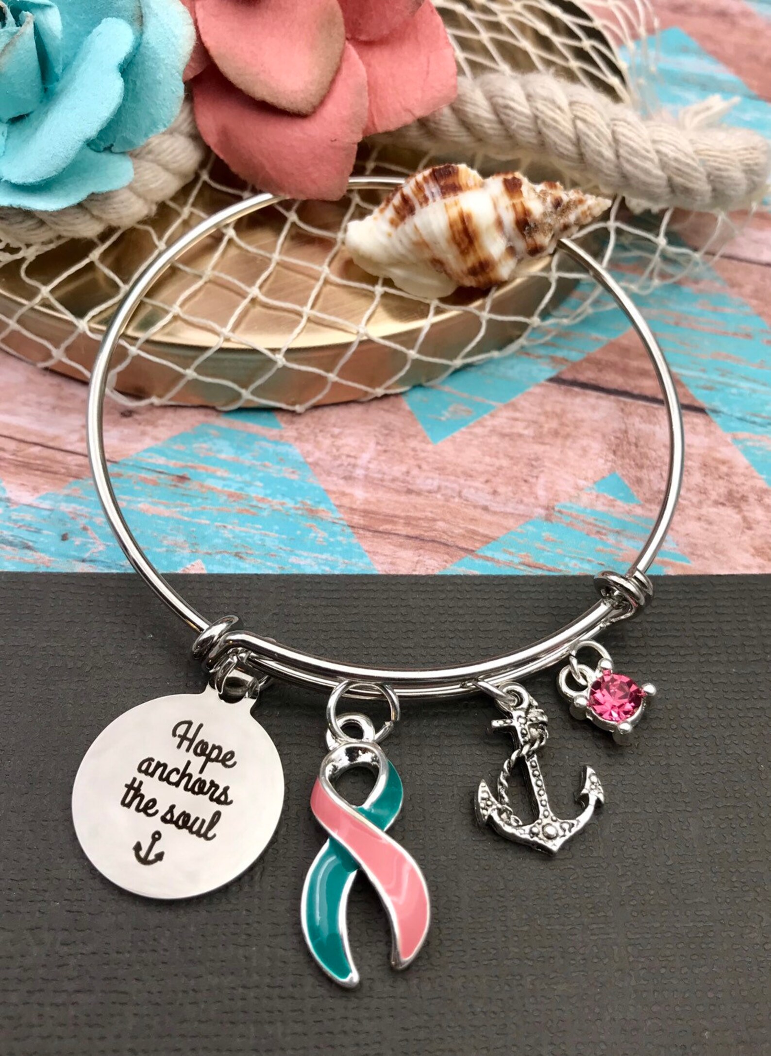 Previvor Charm Bracelet Pink and Teal Ribbon BRCA - Etsy