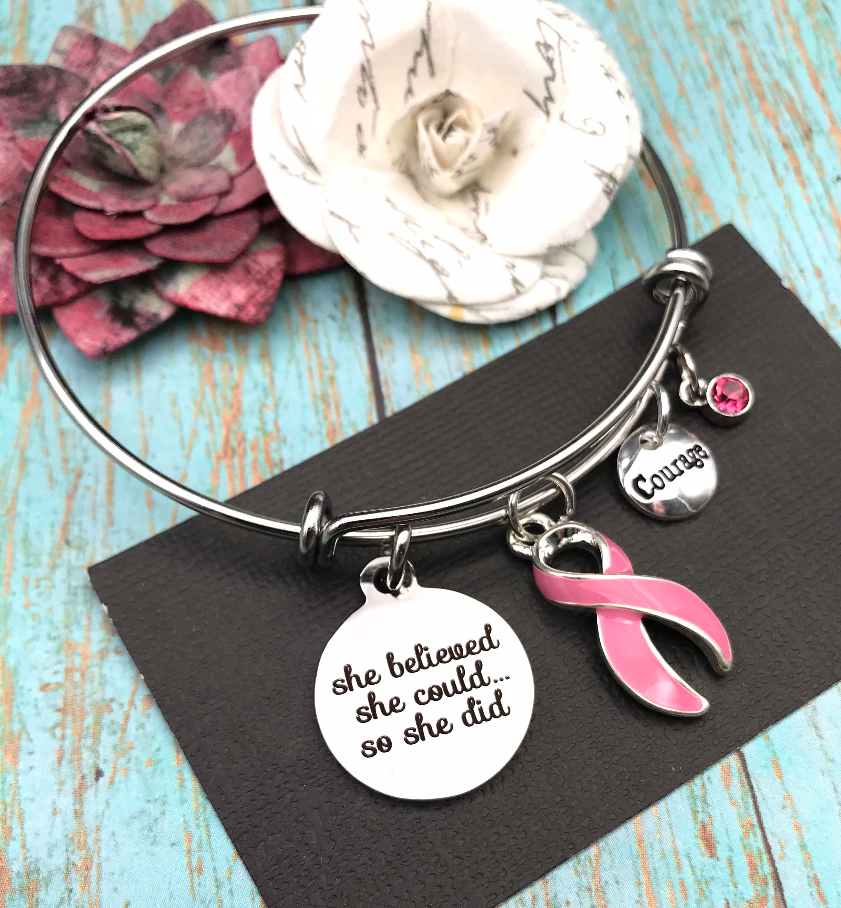 Pink Ribbon Charm Bracelet Breast Cancer Survivor Gift | Etsy