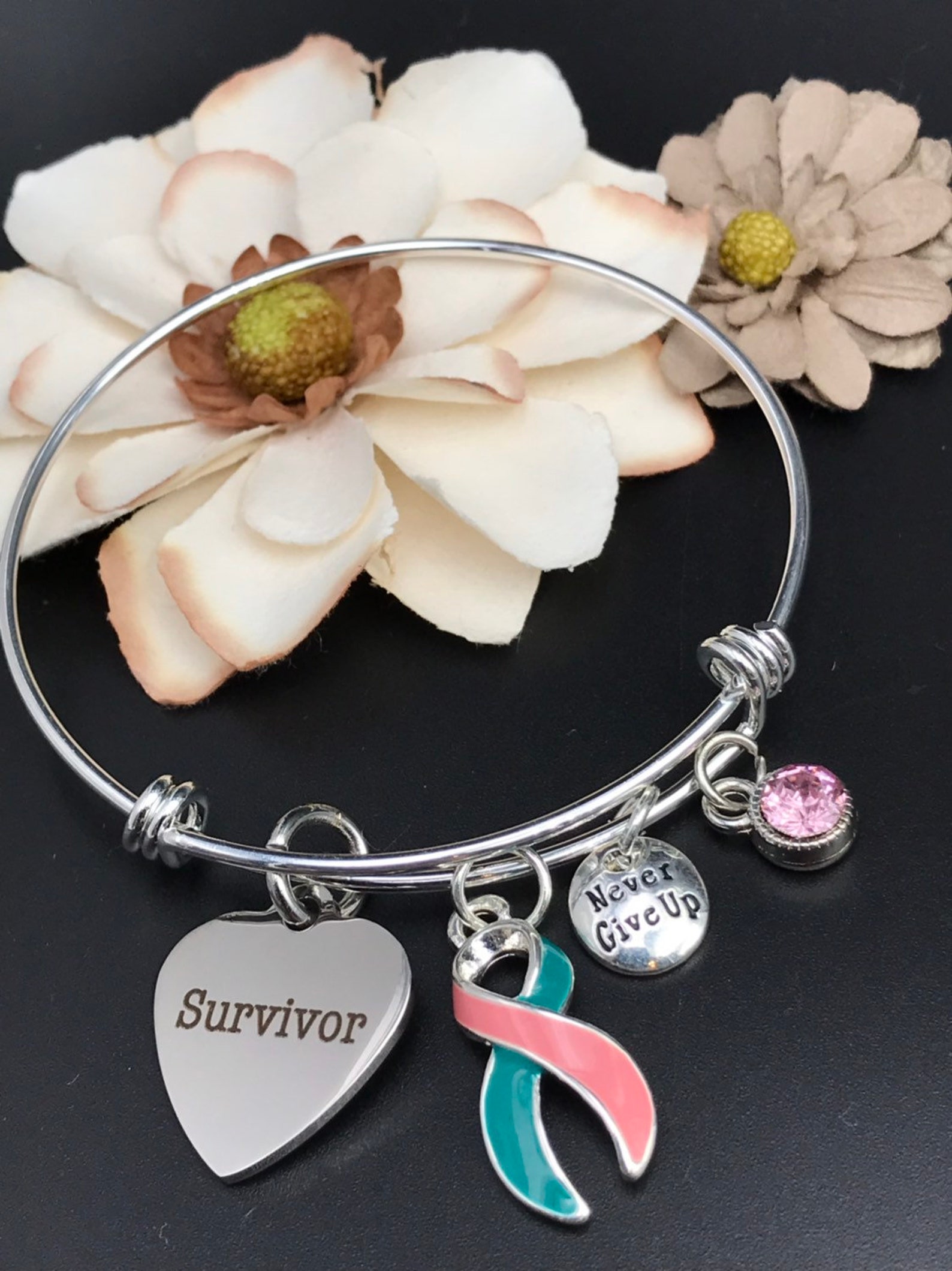 Previvor Survivor Charm Bracelet Pink and Teal Ribbon - Etsy