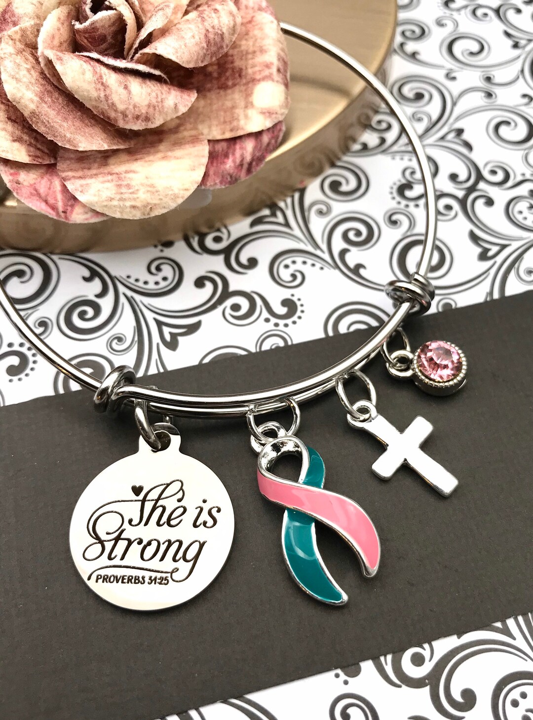 She is Strong / Proverbs 34:25 / Charm Bracelet - Pink and Teal Ribbon ...