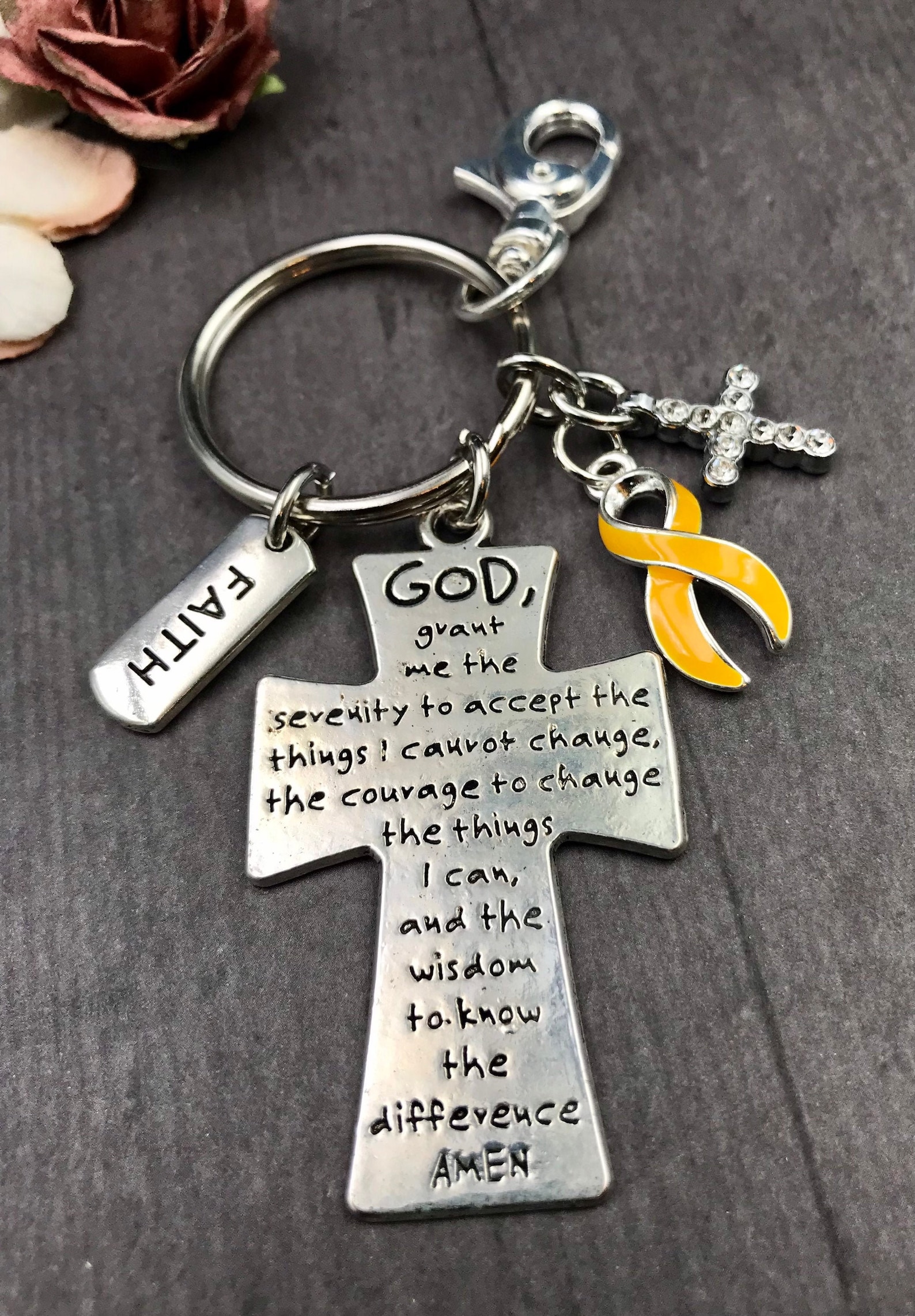 Serenity Prayer Keychain / Gold Ribbon / Childhood Cancer Awareness ...