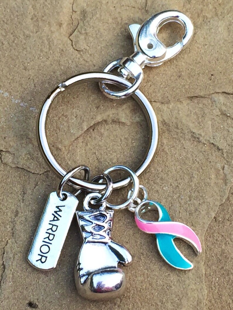 Previvor Boxing Glove Keychain pink and Teal Ribbon Cancer - Etsy