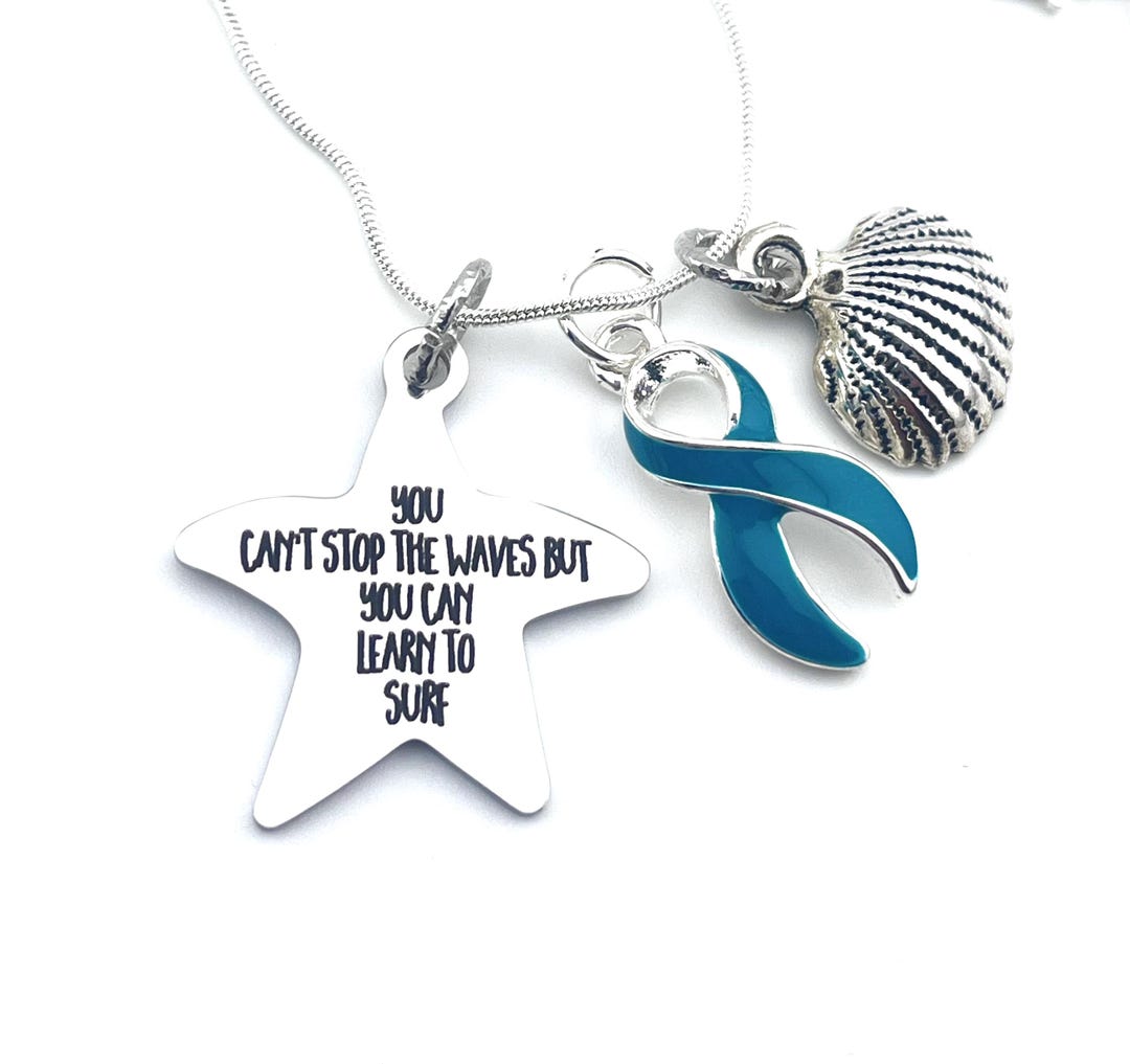 Teal Ribbon Necklace / Ovarian Cancer, Myasthenia Gravis, POTS, PTSD ...