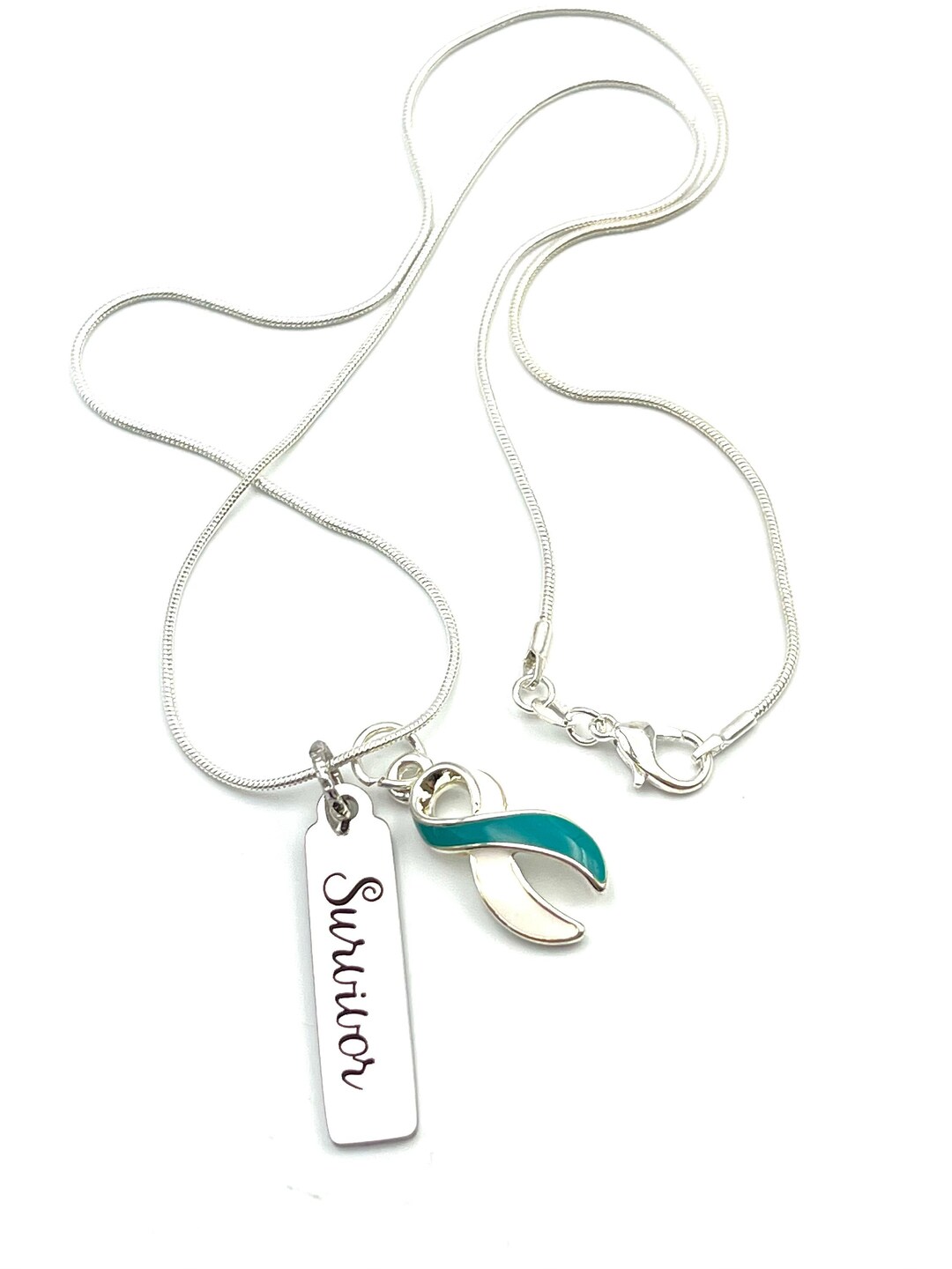 Cervical Cancer Necklace / Survivor Gift - Teal and White Ribbon Charm ...