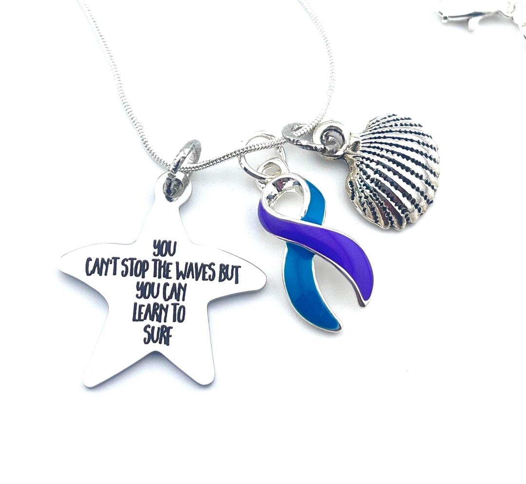 Teal and Purple Ribbon Necklace - She is Fierce / Suicide Prevention ...
