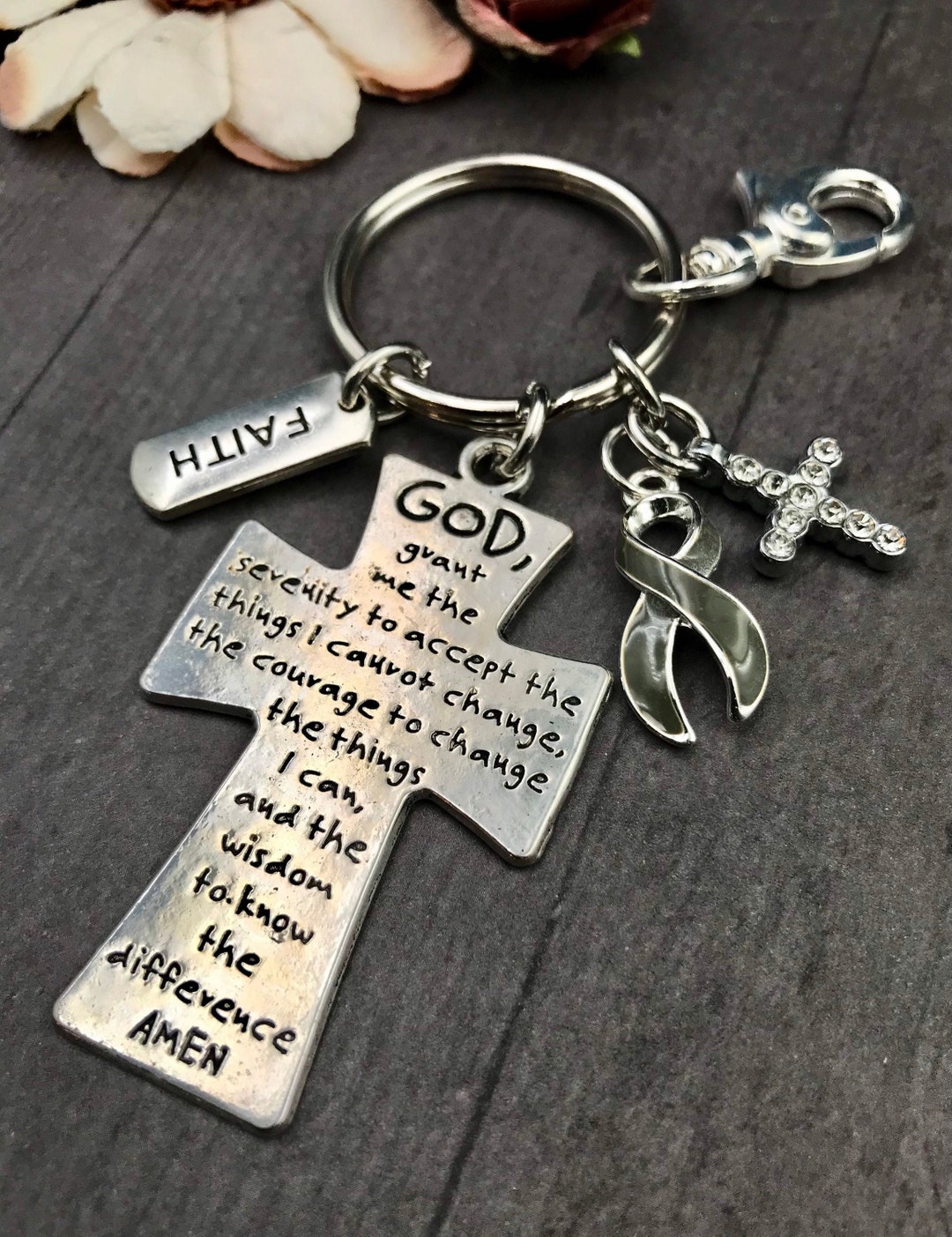 Serenity Prayer Keychain / Grey Gray Ribbon Charm / Brain Cancer Tumor ...
