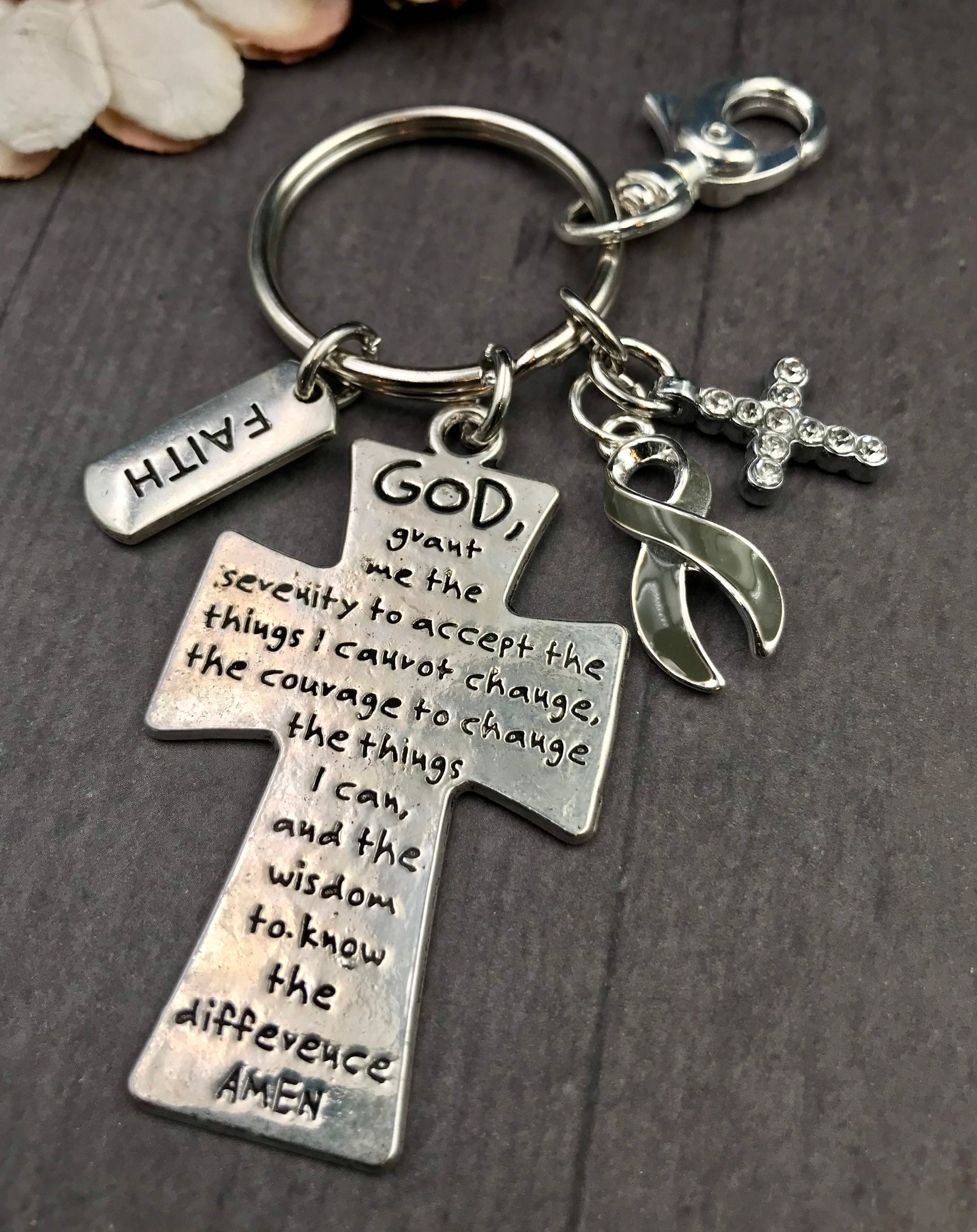 Serenity Prayer Keychain / Grey Gray Ribbon Charm / Brain Cancer Tumor ...