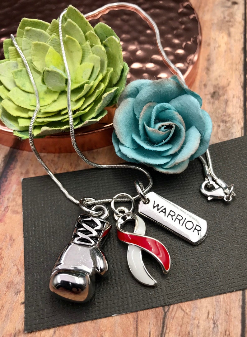 Red and White Ribbon Boxing Glove Necklace - Aplastic Anemia, DVT, Head ...