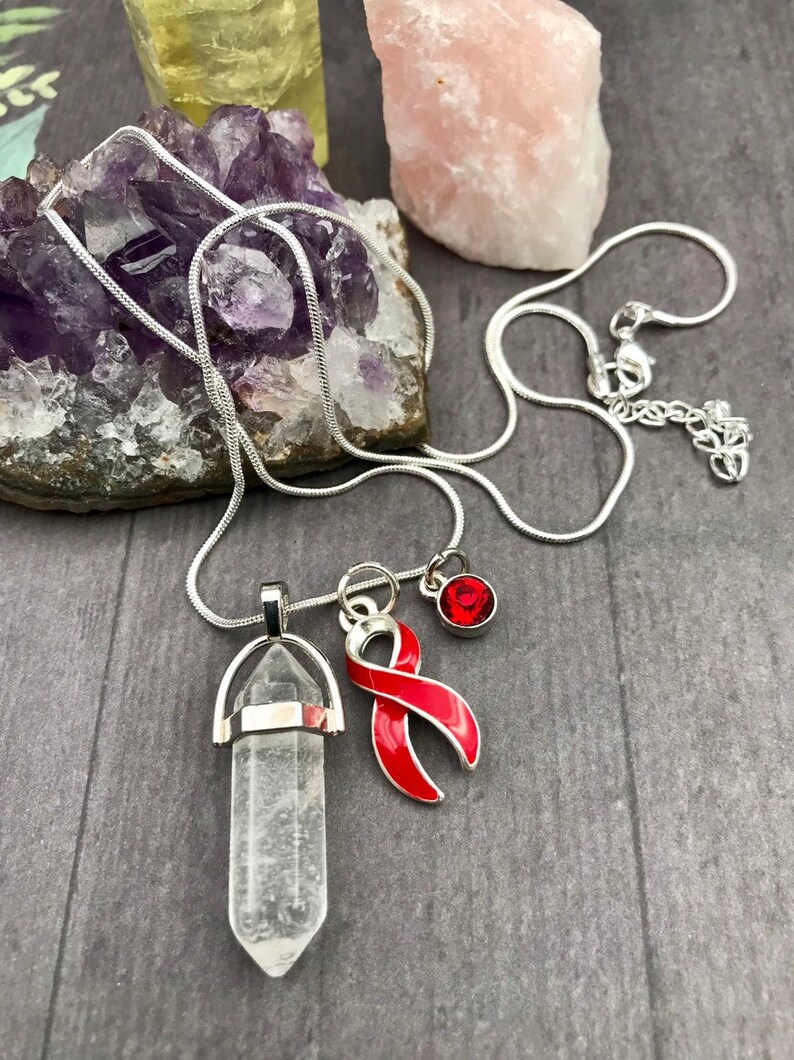 Red Ribbon Necklace Health Energy Crystal Heart Attack - Etsy