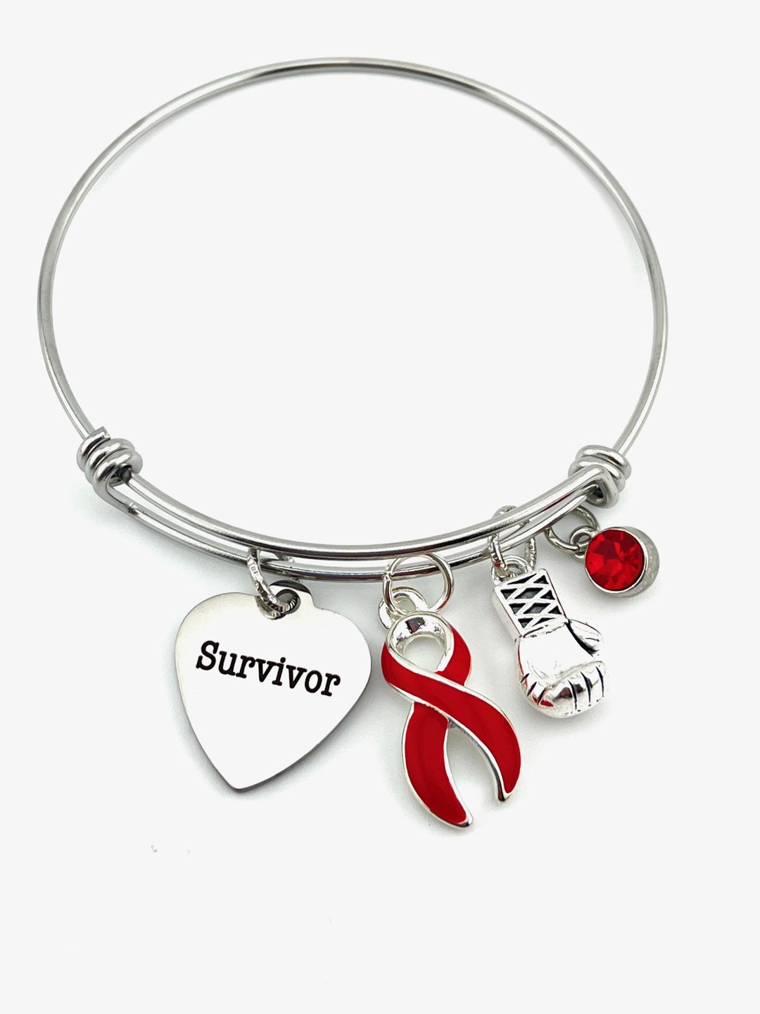 Survivor Red Ribbon Charm Bracelet / Aids HIV Awareness, Heart Disease ...