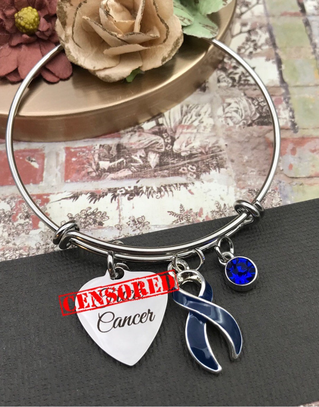 Fu Cancer Charm Bracelet, Dark Blue Navy Ribbon, Colon, Colorectal ...