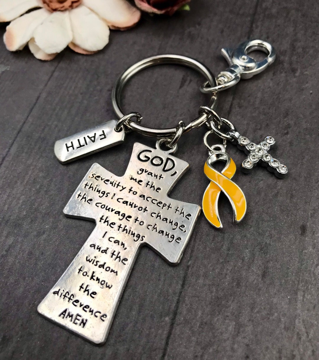 Serenity Prayer Keychain / Gold Ribbon / Childhood Cancer Awareness ...
